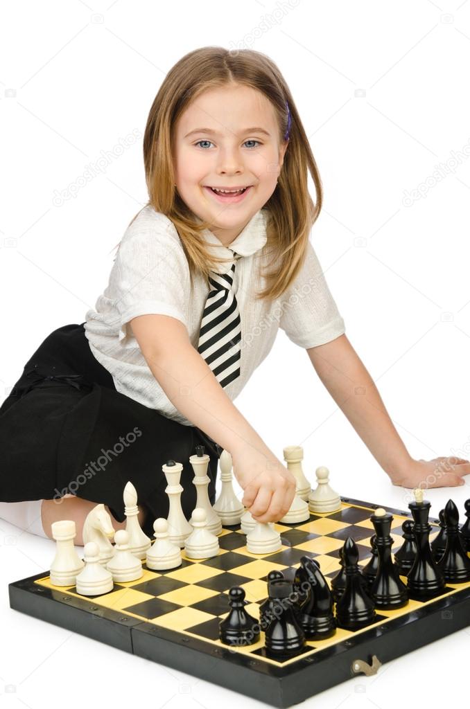 Cute girl playing chess on white — Stock Photo © Elnur_ #13296673