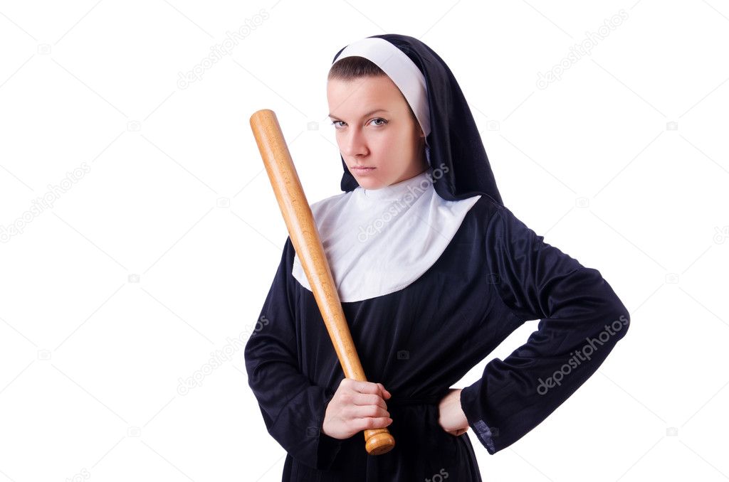 Nun with baseball bat on white — Stock Photo © Elnur_ #22568143