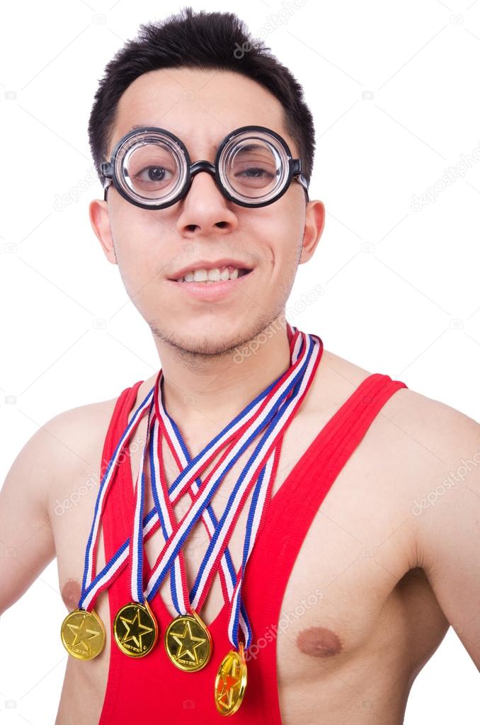 Funny wrestler with winners gold medal — Stock Photo © Elnur_ #36665571