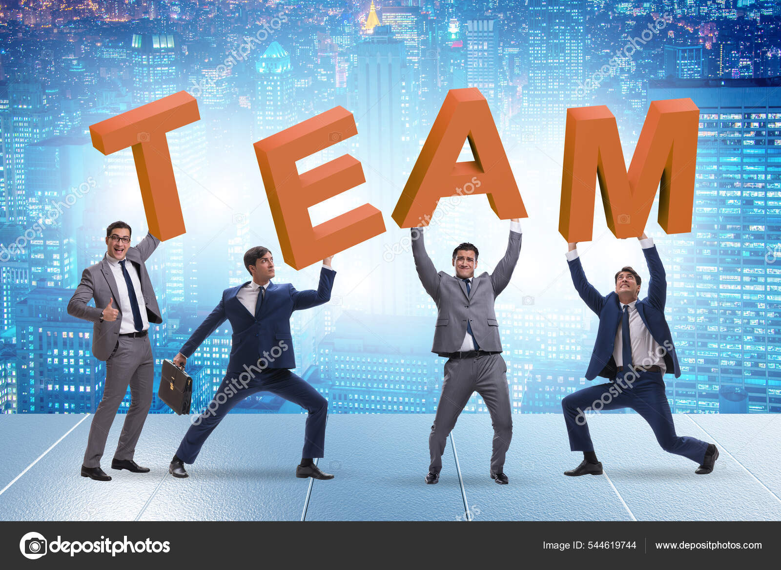 Teamwork concept with people carrying team letters Stock Illustration ...