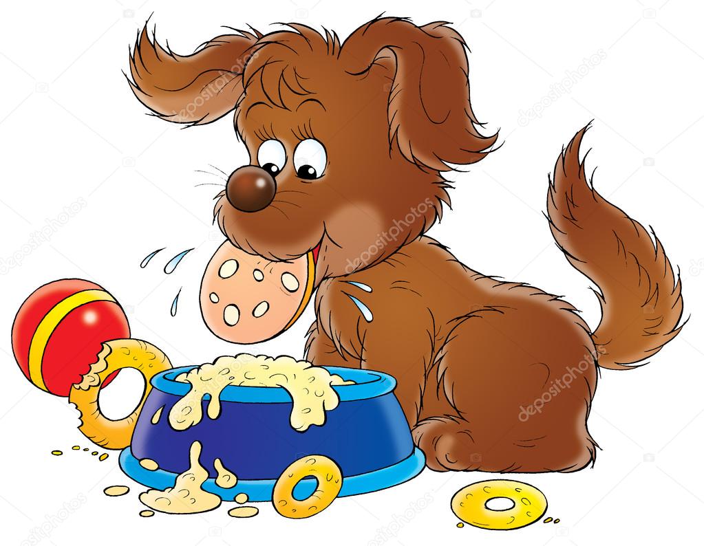 Hungry puppy eating a slice of sausage over a dish. Stock Photo by ...
