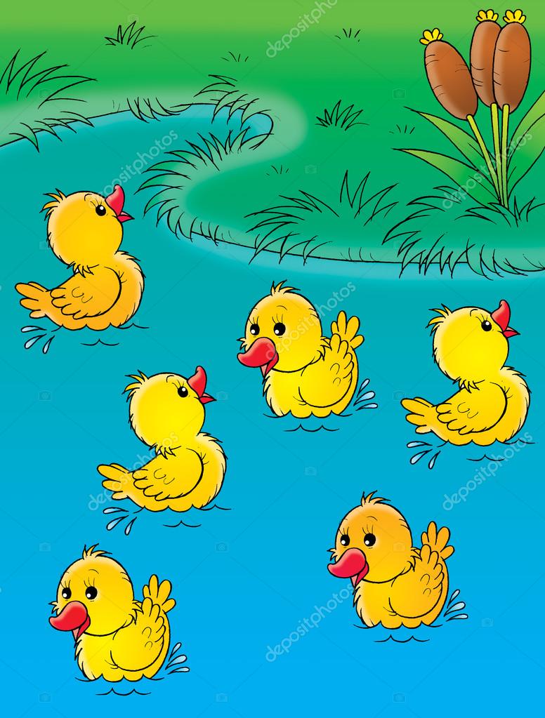 Group of happy yellow ducklings playing in a pond. Stock Illustration ...