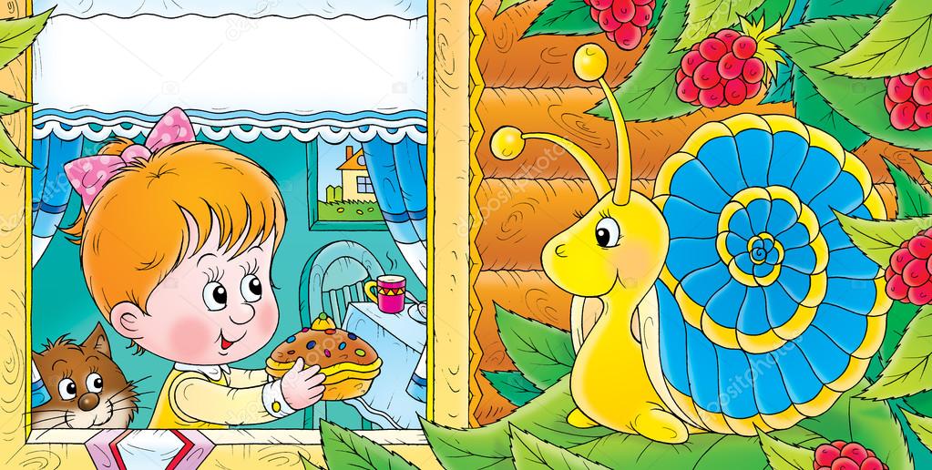 Cute girl and cat holding a cake out to a snail in a raspberry bush ...