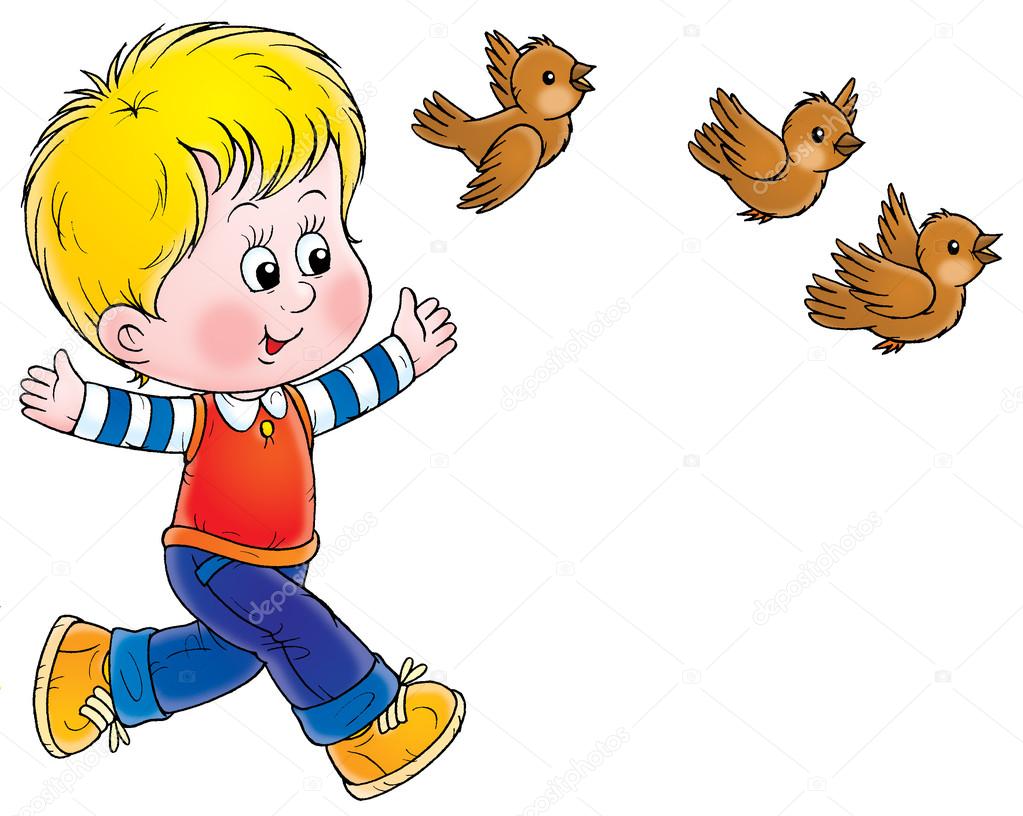 Boy running behind three brown birds Stock Illustration by ©AlexBannykh ...
