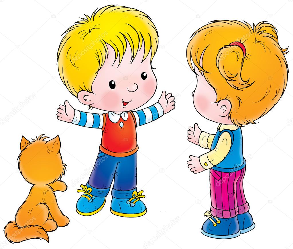 Cat seated by a little boy talking to a girl Stock Illustration by ...