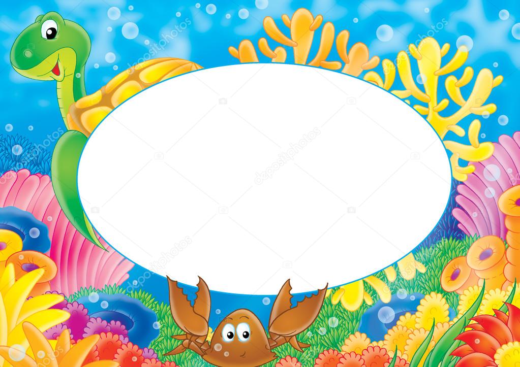Frame with a sea turtle, crab and corals. Stock Illustration by ...
