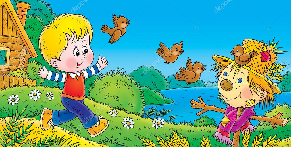 Boy running and chasing birds Stock Illustration by ©AlexBannykh #31116871