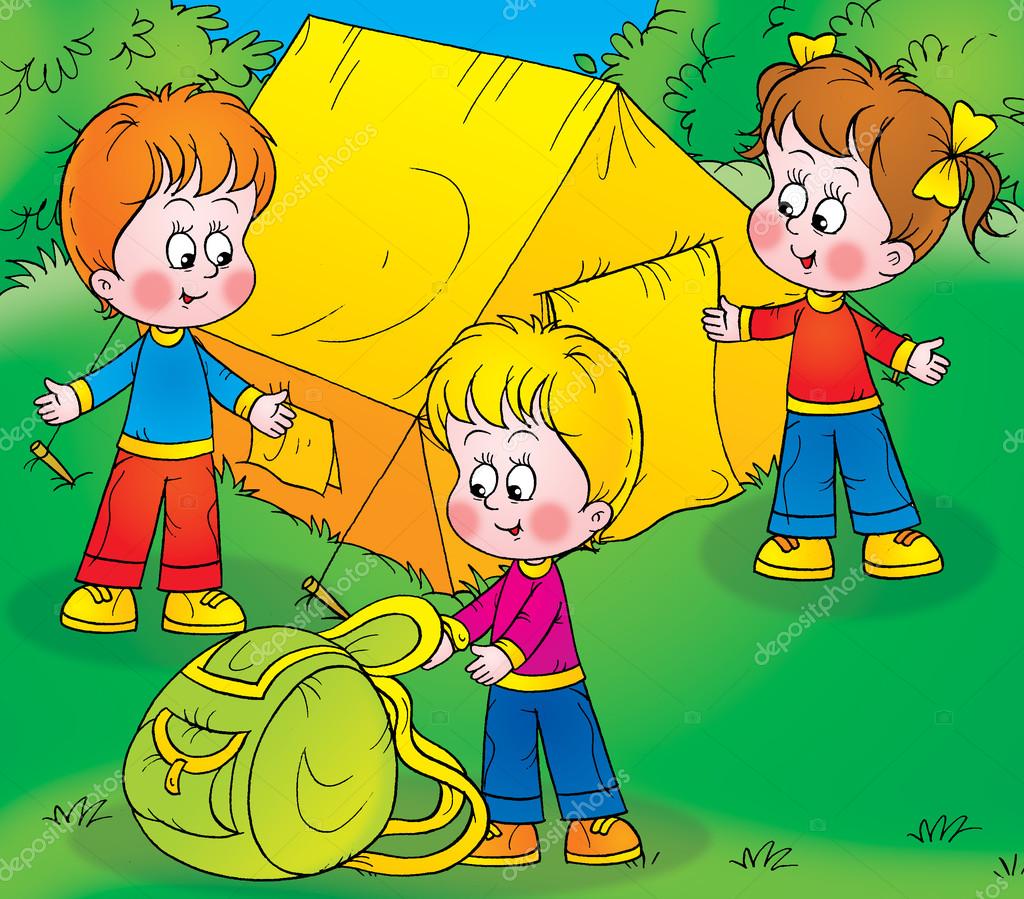 Children setting up their camp site. Stock Illustration by ©AlexBannykh ...