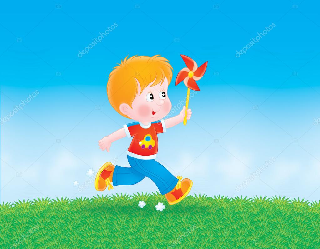 Boy running with his color wheel on the grass Stock Illustration by ...
