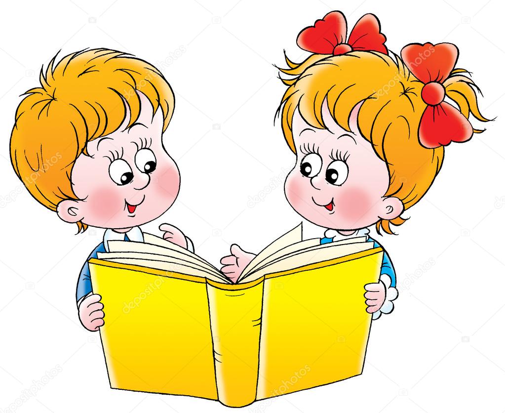 Happy brother and sister reading a yellow book together Stock ...