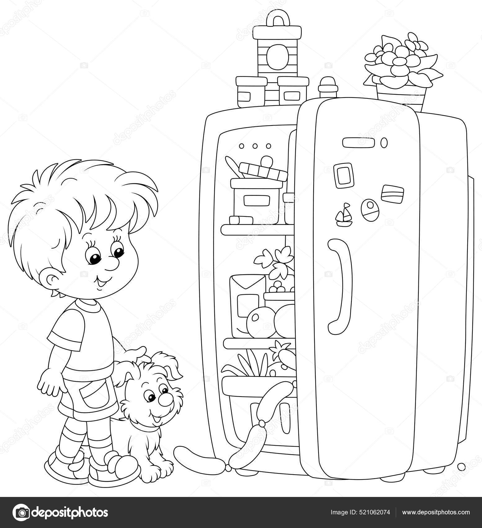 Little Boy His Merry Puppy Looking Curiously Home Fridge Foods Stock ...