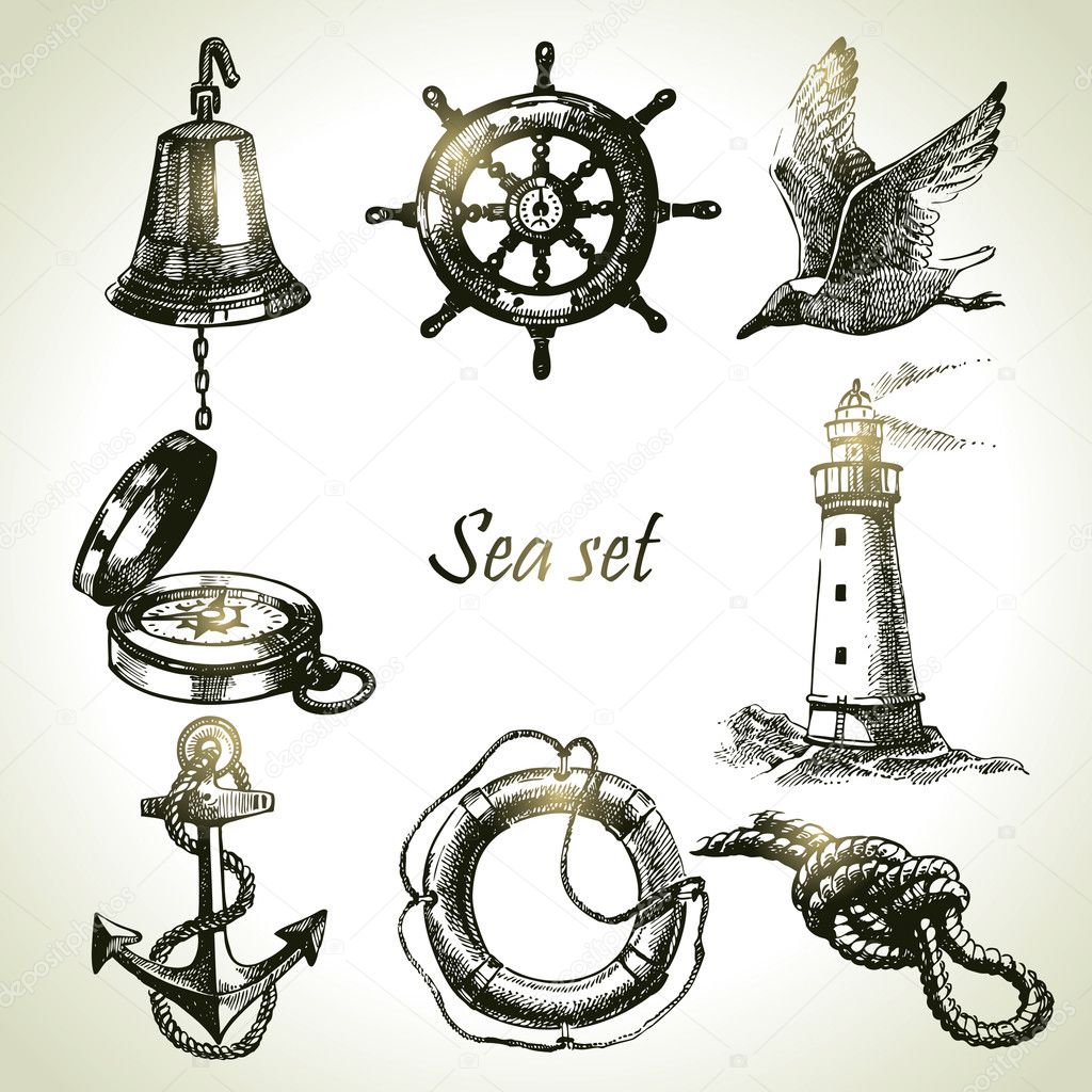 Sea set of nautical design elements. Hand drawn illustrations — Stock Vector © pimonova #17448389