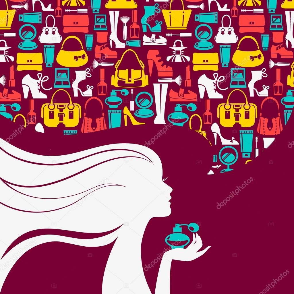 Hermosa silueta de mujer con burbuja de iconos de la moda. Shoppin ...