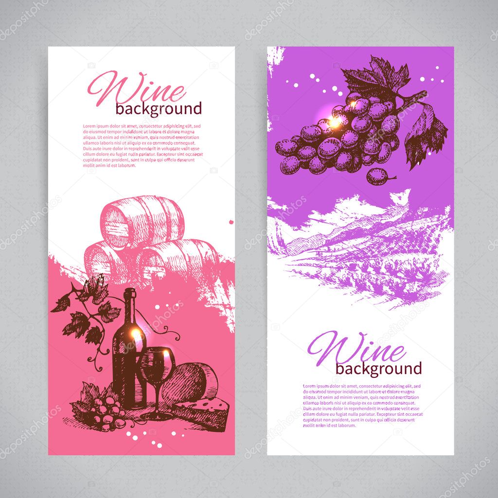 Banners of wine vintage background. Hand drawn illustrations. Stock ...