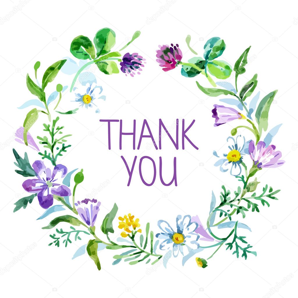 Thank you card with watercolor floral bouquet. Vector illustrati ...