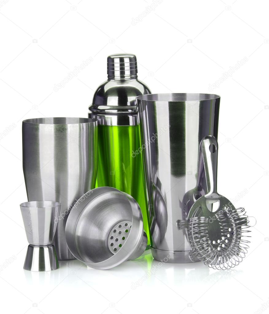 Cocktail shaker, strainer, measuring cup Stock Photo by ©karandaev 14403735