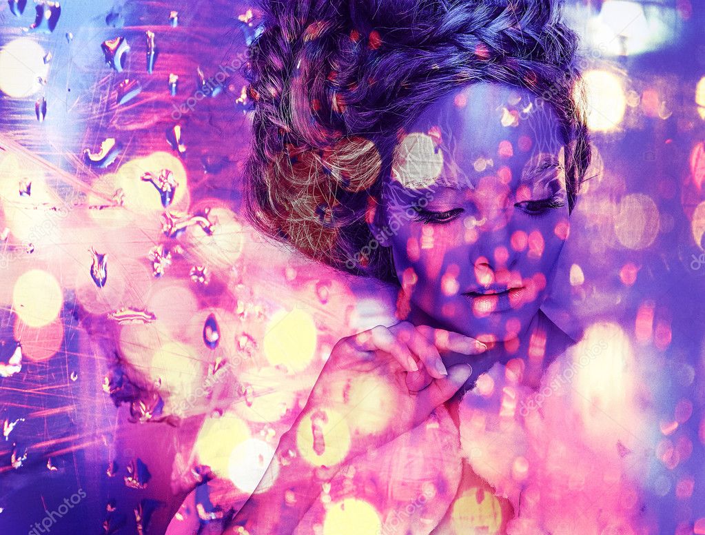 Romantic beauty with magnificent hair wandering in clouds. Digital ...