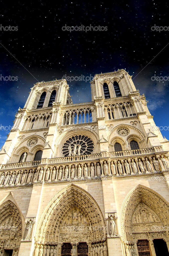 Stars in the Night above Notre Dame Cathedral in Paris, France — Stock ...