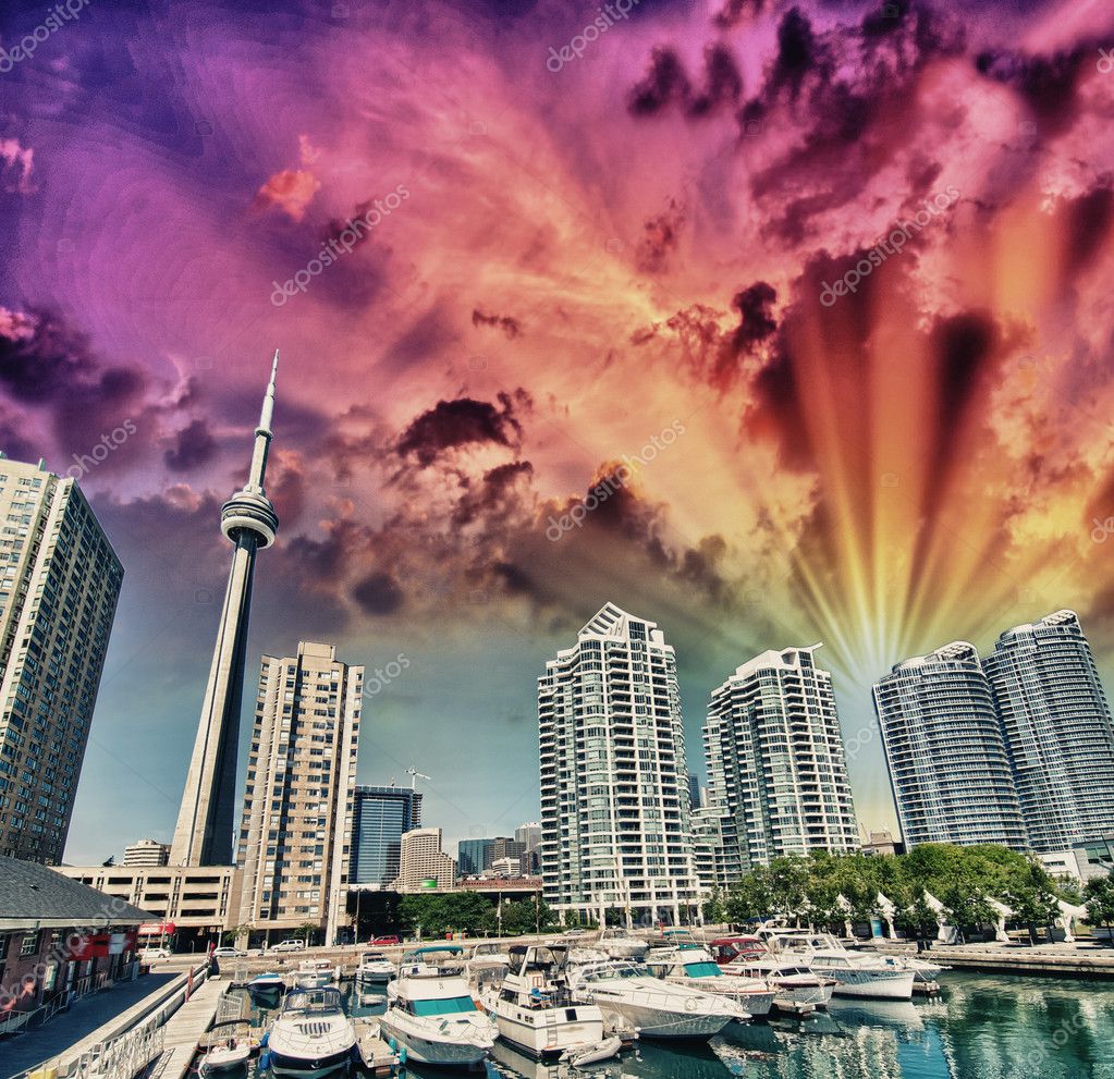 Toronto Harbourfront Centre. Sunset view in summer season – Stock ...