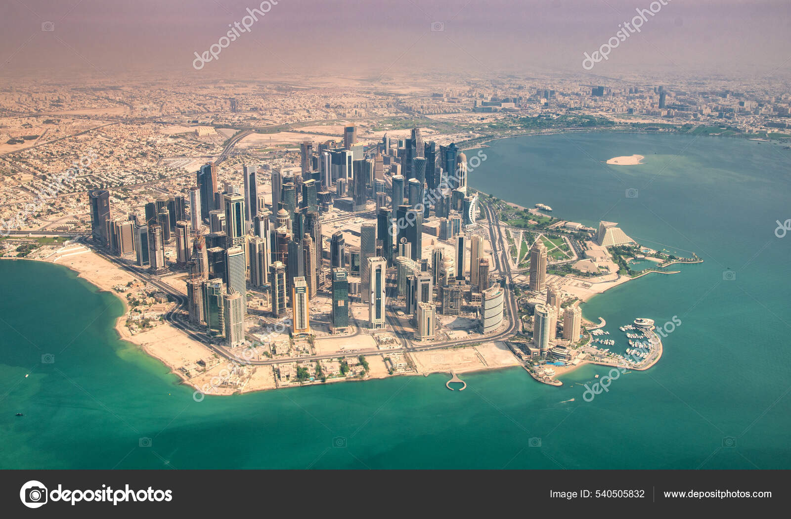 Doha West Bay Corniche Aerial View Aircraft Sunny Day Qatar – Stock ...