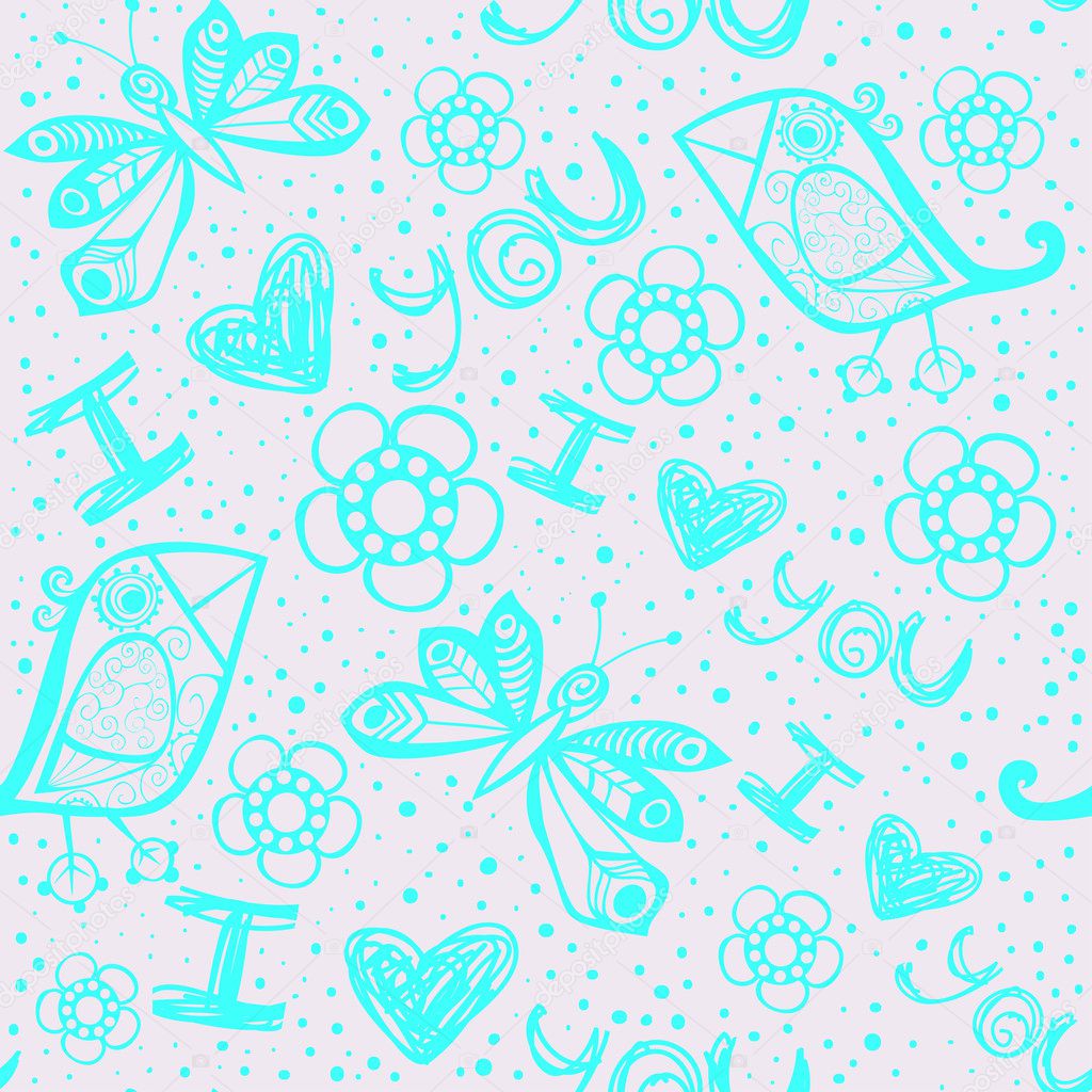 'I love you' seamless pattern with stylized bird, butterfly and flower ...