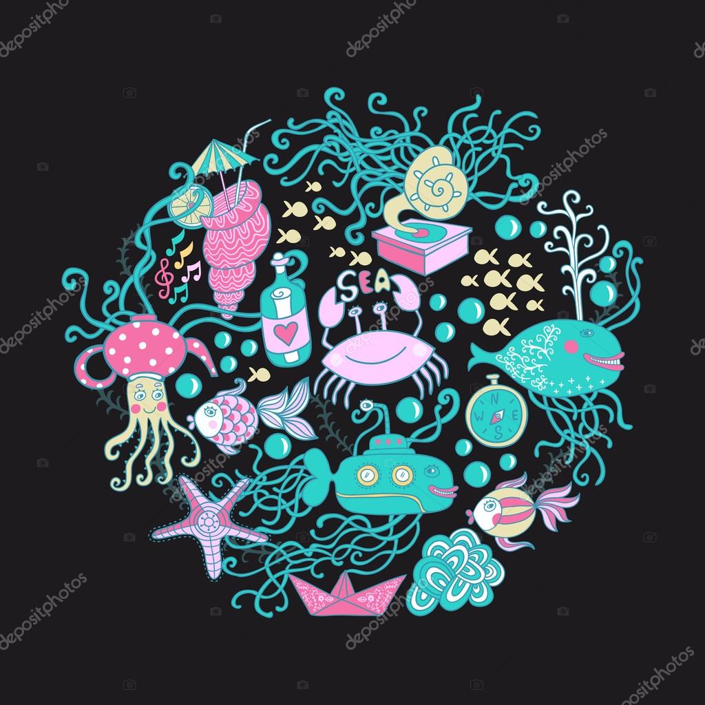 Illustration of circle made of sea life elements. Bright summer Stock ...