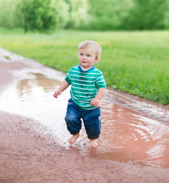 Child playing in a puddle after rain Stock Photo by ©akinshin 26405647