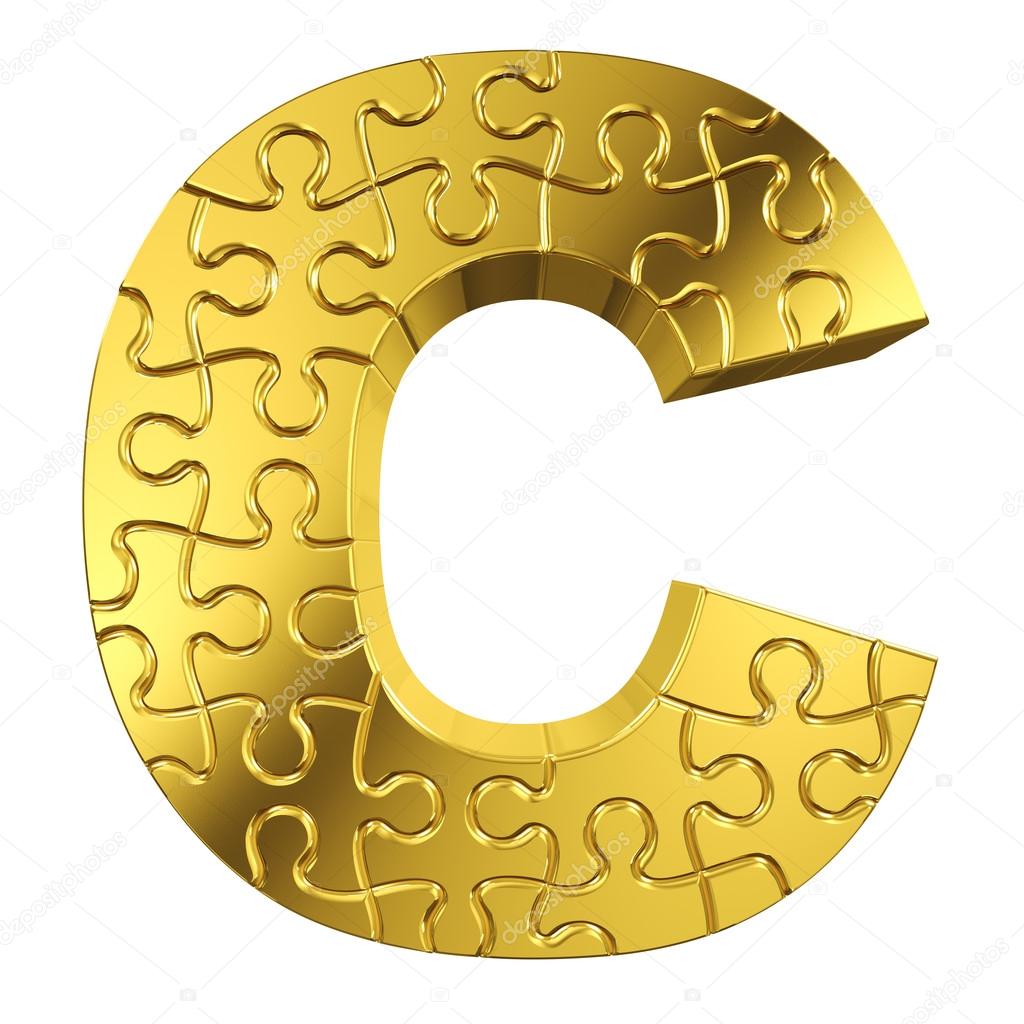 Puzzle lettre c en métal doré sur fond blanc isolé — Photo #22980382