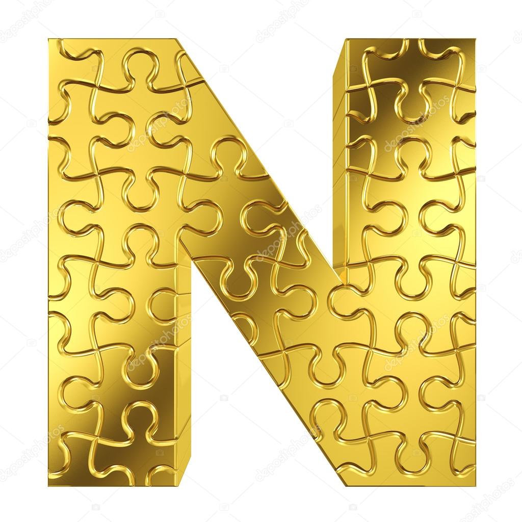 Puzzle letter N in gold metal on a white isolated background. Stock ...