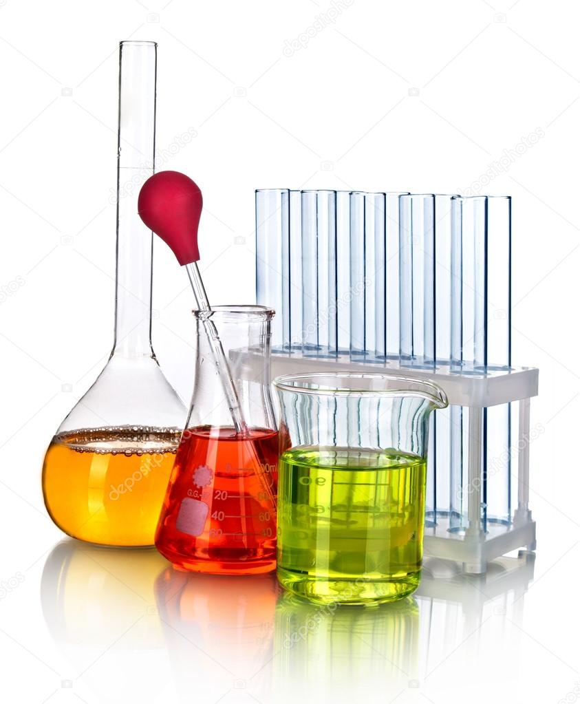 Laboratory glassware with color liquid and with reflection isolated on ...