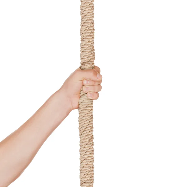 Close up of hand pulling a rope on white background with clippin ...