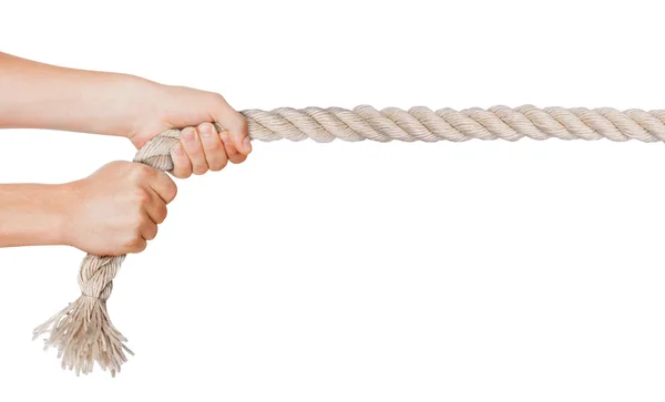 Close up of hand pulling a rope on white background with clippin ...
