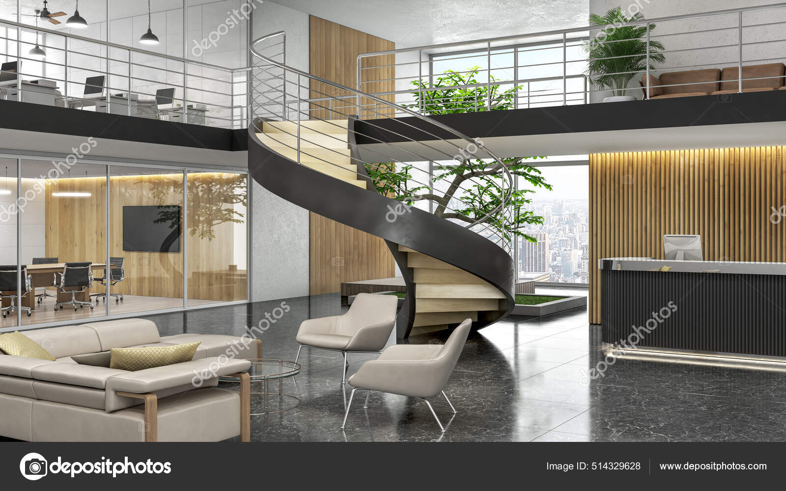 Render Stair Large Office Interior Restzone Work Space Illustration ...