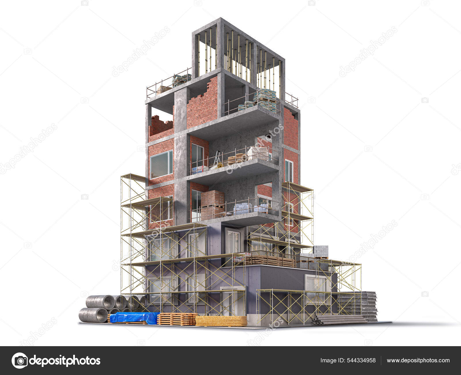Building Half Construction Finished Building Facade White Background ...