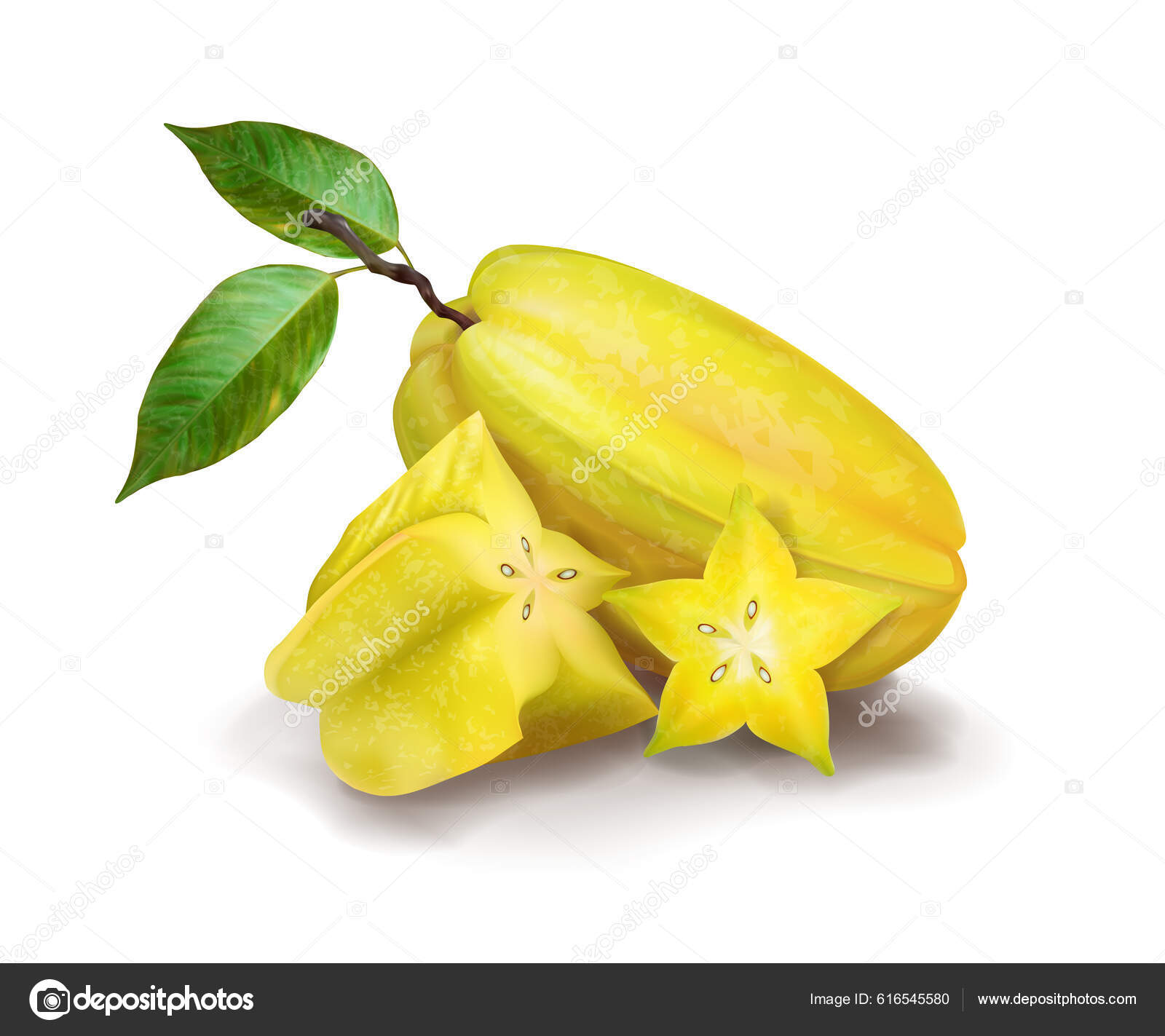 Fruta Carambola Exótica Con Hojas Verdes Ilustración Vectorial Vector ...
