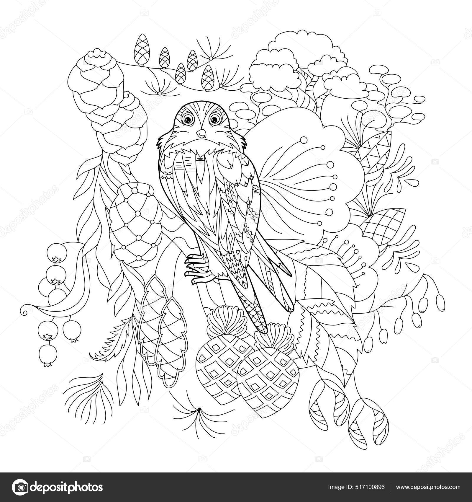 Cute Bird Owl Forest Doodle Style Black White Background Funny Stock ...