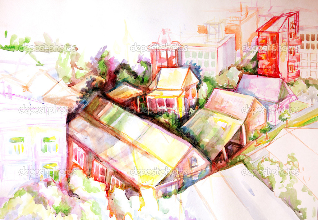 Rooftops watercolour painting Stock Illustration by ©julieboro #12719112