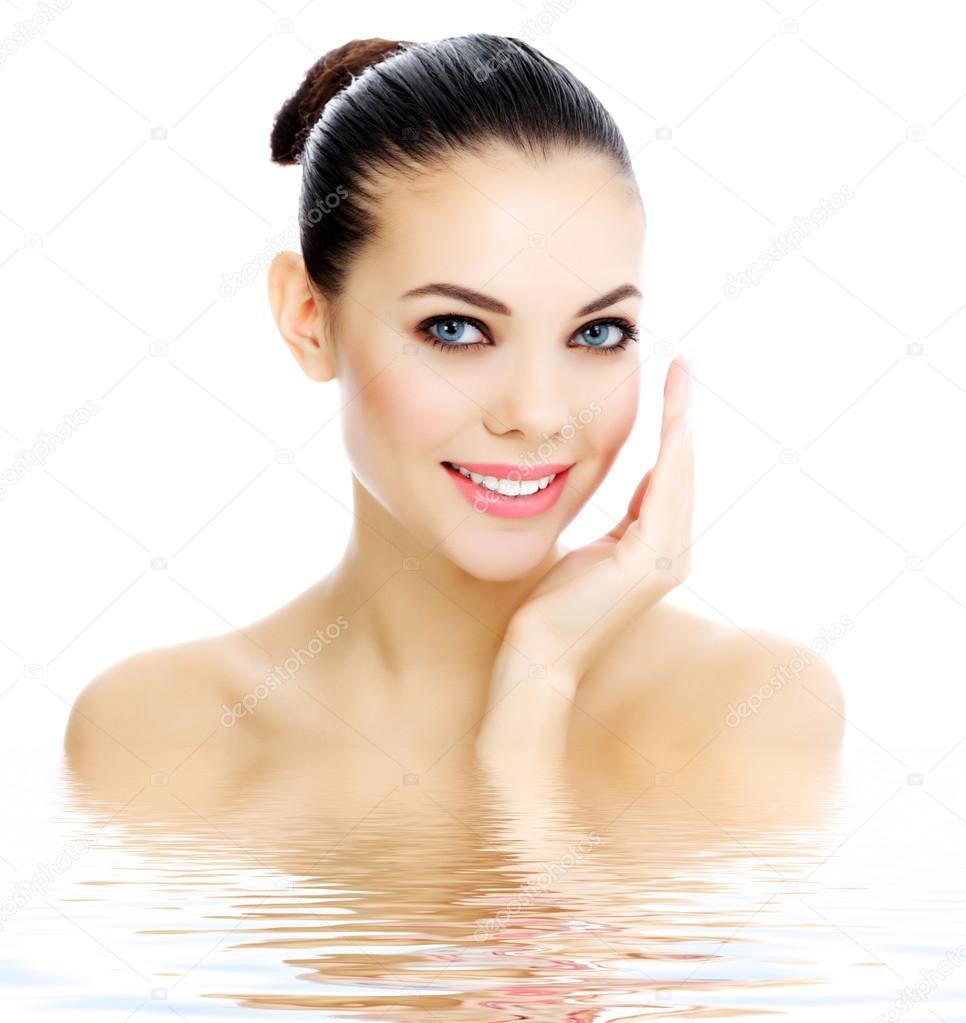 Cheerful female with fresh clear skin, white background — Stock Photo ...