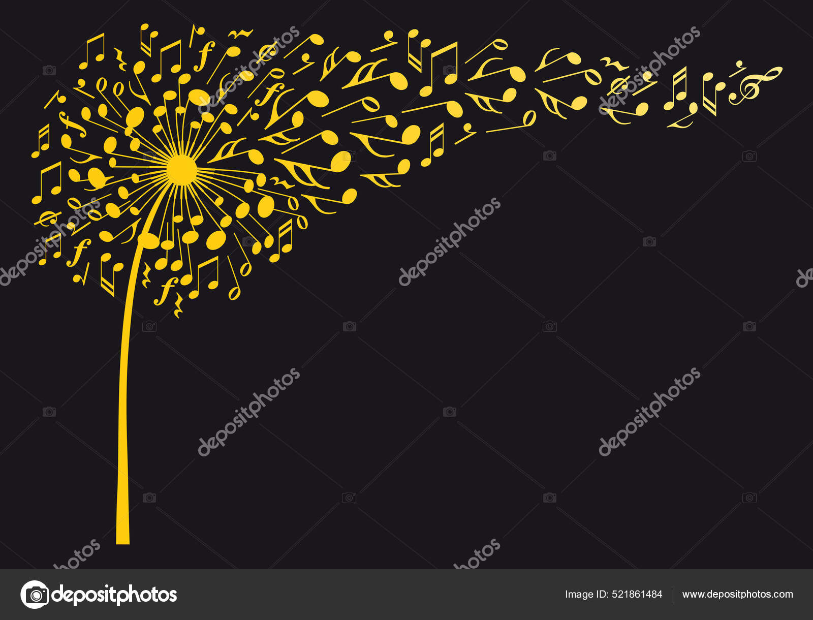 Gold Dandelion Flower Flying Music Notes Vector Illustration Black ...