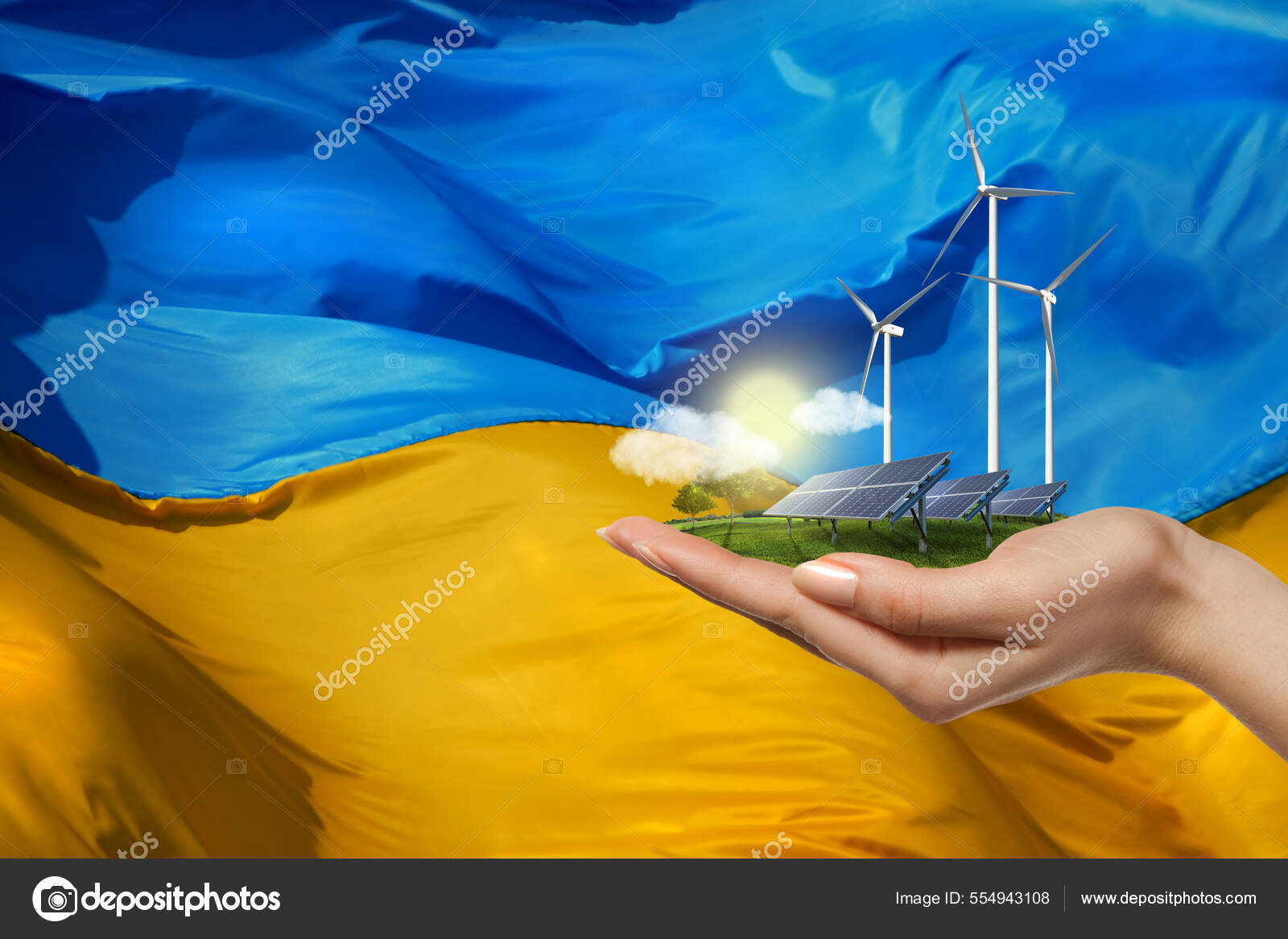 Ukrainian Renewable Energy Solar Panels Wind Turbines Green Meadow Tree ...