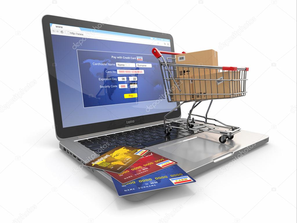 E-commerce. Shopping cart and credit cards on laptop — Stock Photo ...