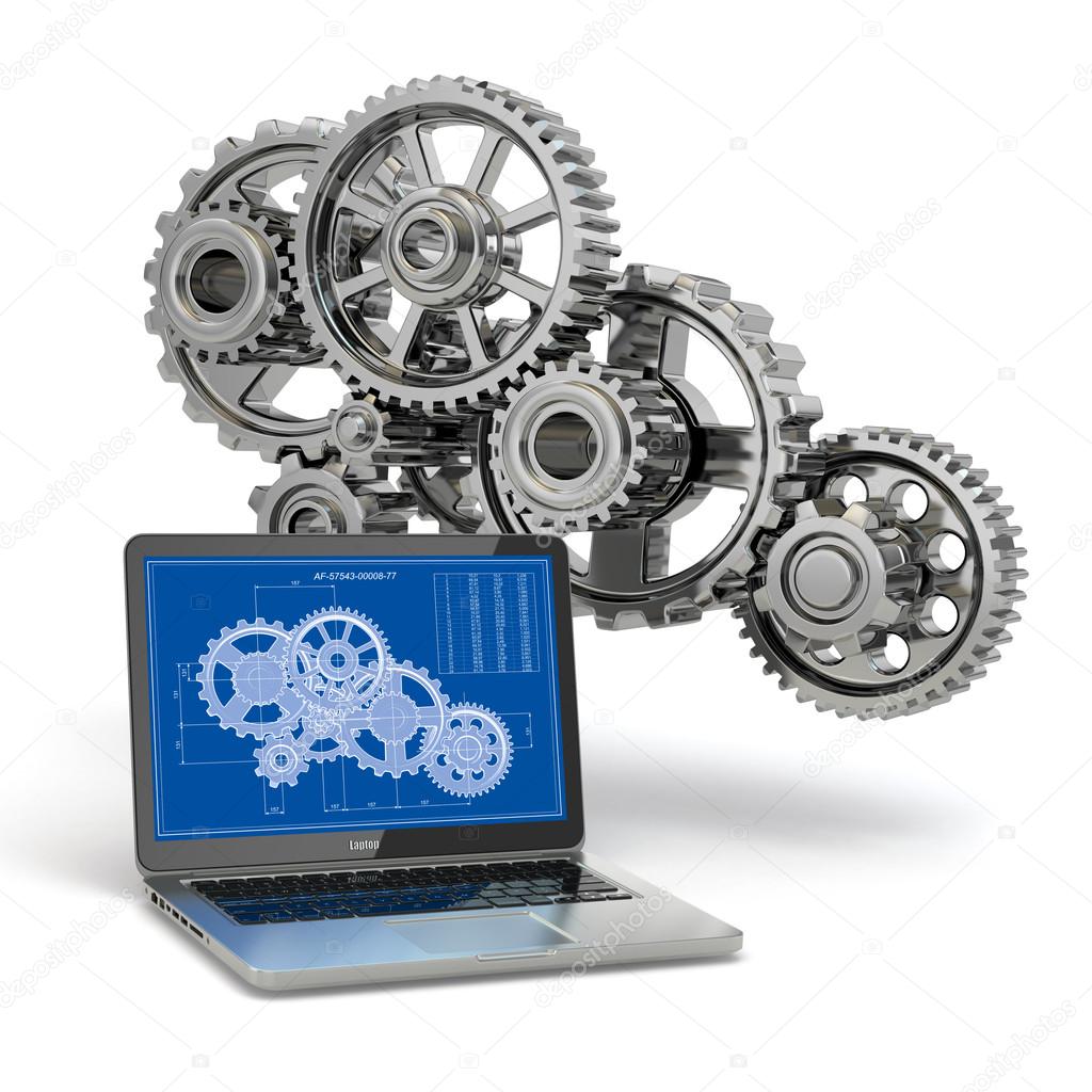 Computer-design engineering. Laptop, gear and draft. Stock Photo by ...