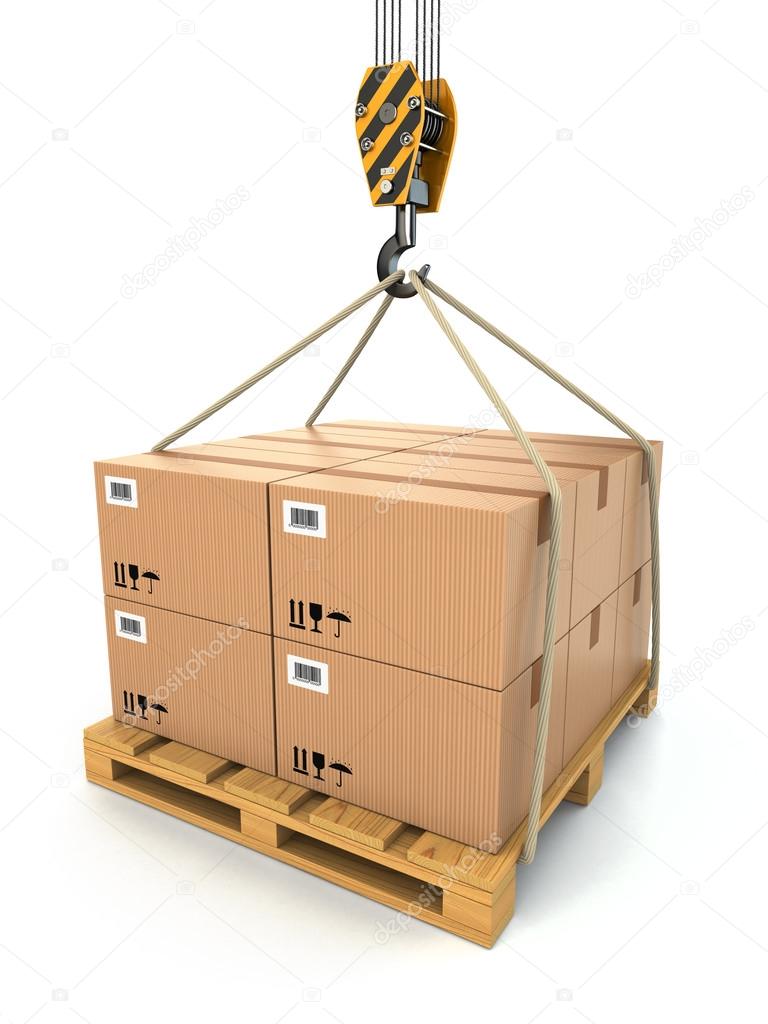 Entrega de carga. Palet con cart n levantado por gr a. 2024