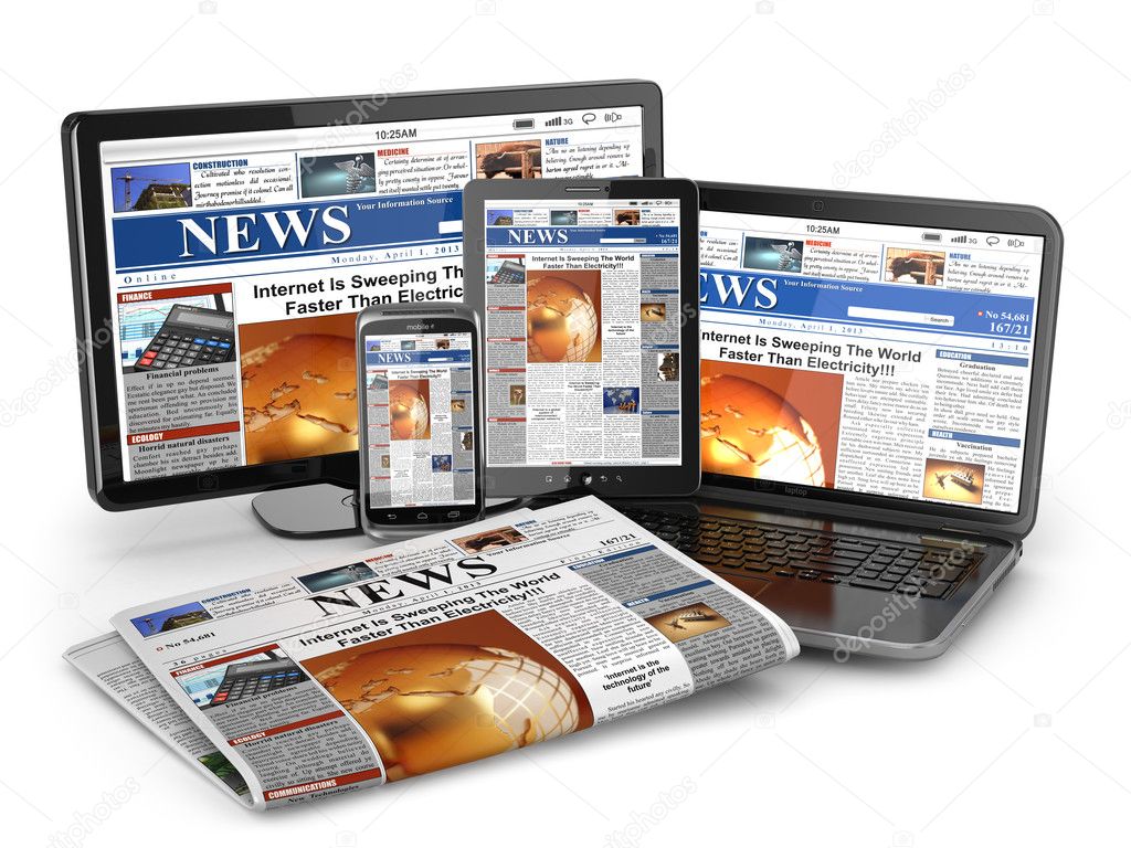News. Media concept. Laptop, tablet pc, phone and newspaper. — Stock ...