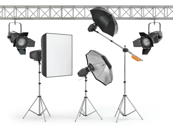 DSLR camera in photo studio with lighting equipment, softbox and Stock ...