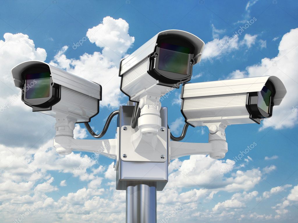 CCTV security camera on cloud sky background. Stock Photo by ...