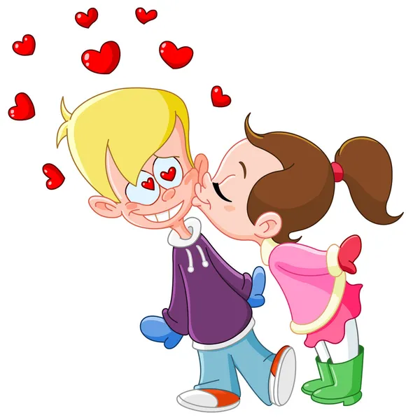 Mignon Dessin Animé Garçon Et Fille Sont Baisers Image Vectorielle Par