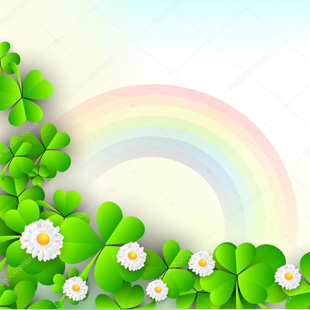 Irish shamrock leaves and flowers on rainbow background for Happ Stock ...