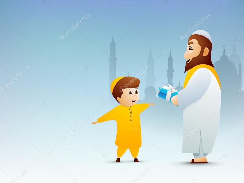 Muslim young man in traditional outfits giving gift to little bo Stock ...