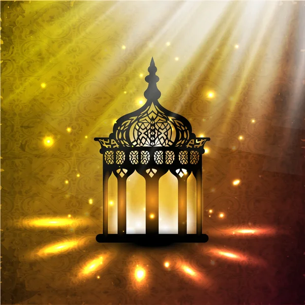 Hanging illuminated arabic lamp and open holy book Quran on blue Stock ...